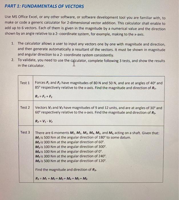 Solved PART 1: FUNDAMENTALS OF VECTORS Use MS Office Excel, | Chegg.com