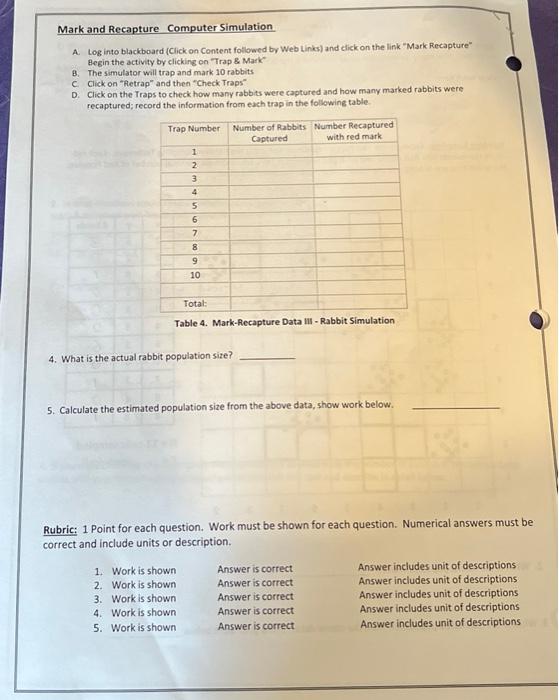Mark and Recapture Computer Simulation. A. Log into | Chegg.com