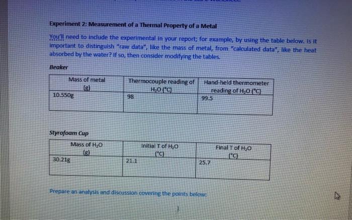 Experiment 2: Measurement of a Thermal Property of a | Chegg.com
