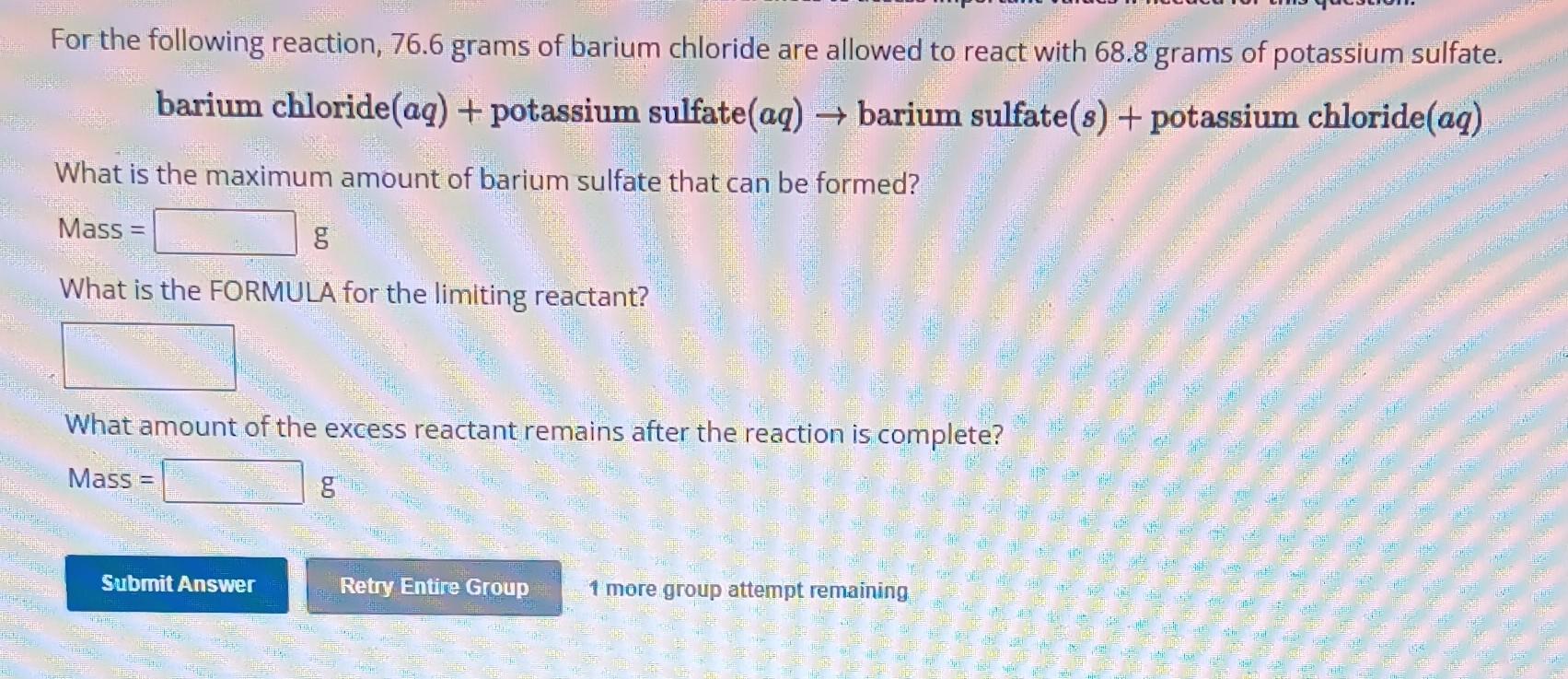 Solved For the following reaction, 76.6 grams of barium | Chegg.com