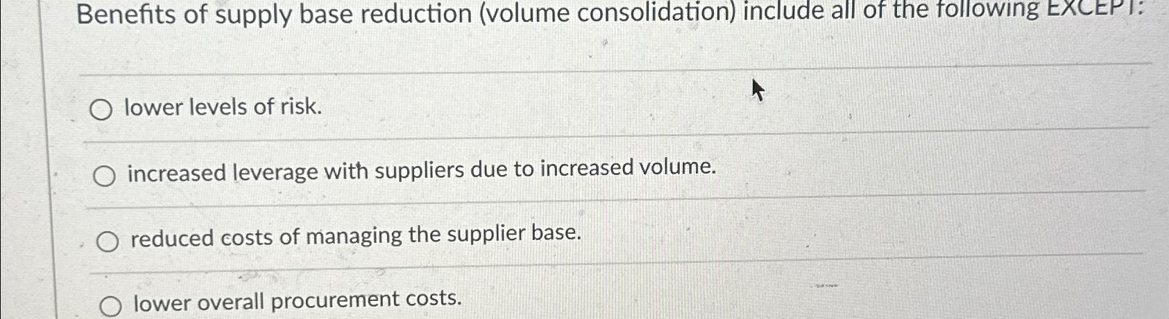 Solved Benefits of supply base reduction (volume | Chegg.com