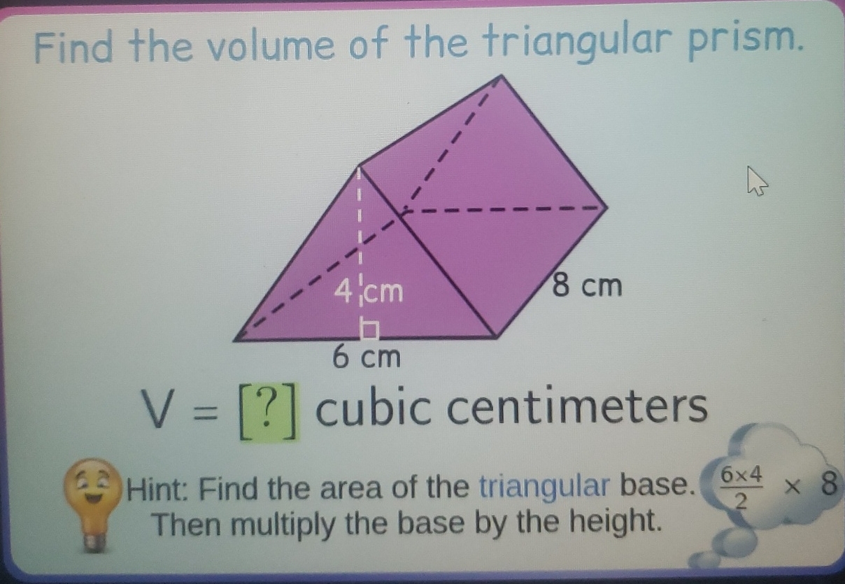 Solved Find the volume of the triangular prism.V=[?] ﻿cubic | Chegg.com