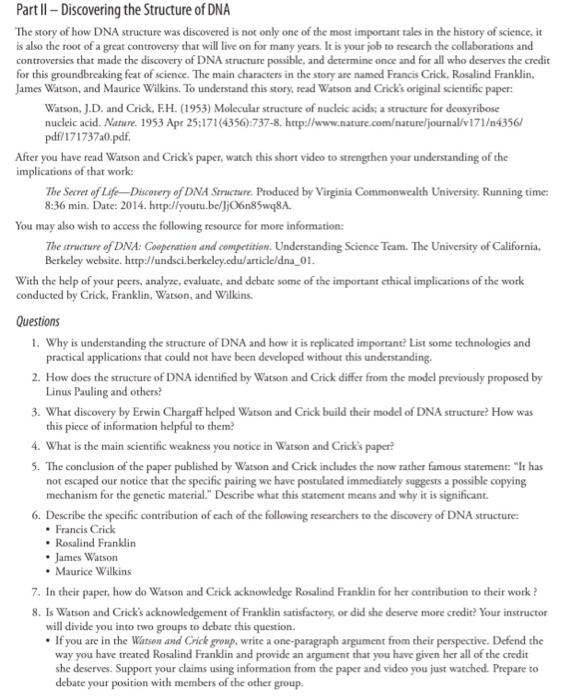 Solved Part II - Discovering the Structure of DNA The story | Chegg.com