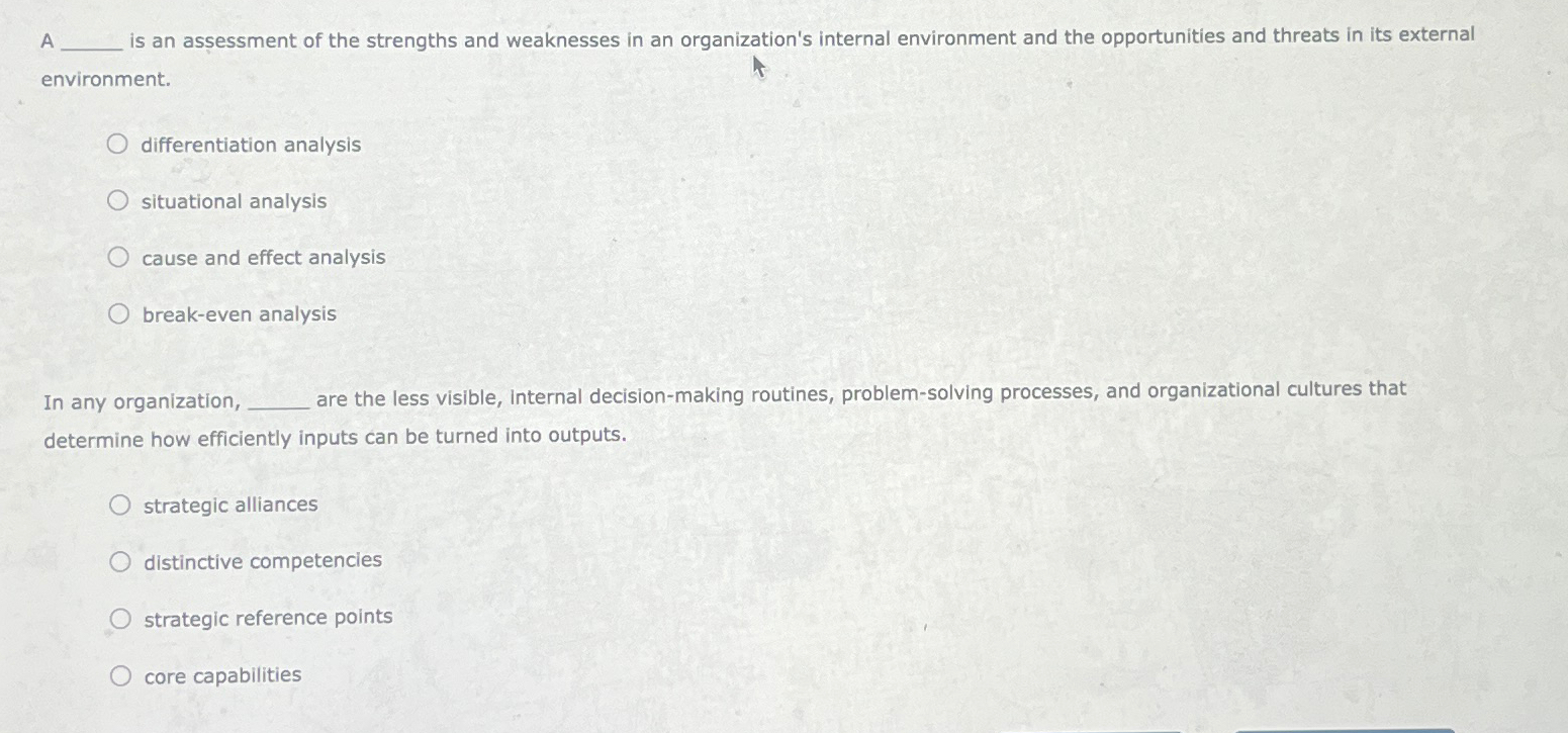 Solved A is an assessment of the strengths and weaknesses in | Chegg.com