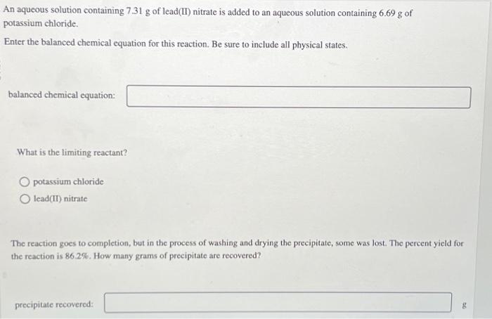 Solved An aqueous solution containing 7.31 g of lead(II) | Chegg.com
