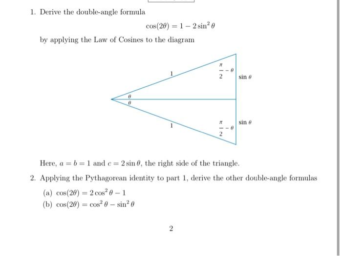 Solved 1. Derive the double-angle formula cos(2θ)=1−2sin2θ | Chegg.com