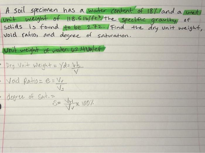 Solved A soil specimen has a water content of 18% and a wet | Chegg.com