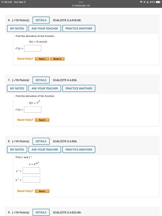Solved Find the derivative of the function. f(t)=9tsin(πt) | Chegg.com