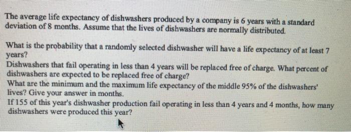 Solved The average life expectancy of dishwashers produced | Chegg.com