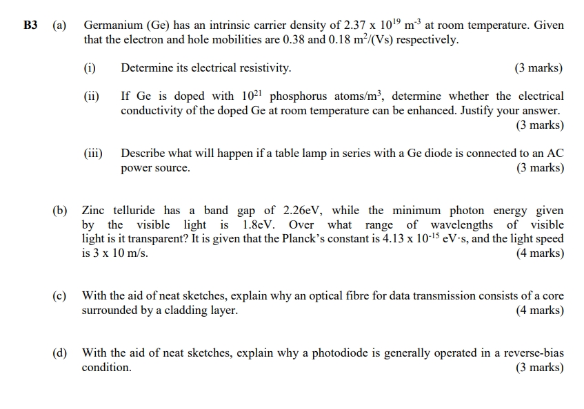 Solved B3 (a) ﻿Germanium (Ge) ﻿has an intrinsic carrier | Chegg.com