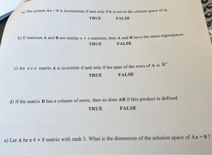 Solved a) The system Ax−b is inconsistent if and only if b | Chegg.com