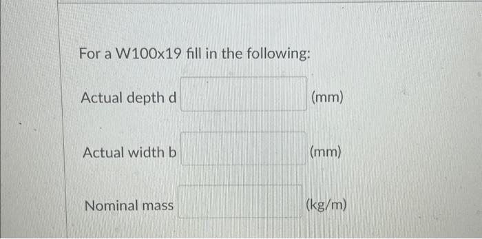 Solved For a W100x19 fill in the following: Actual depth d | Chegg.com