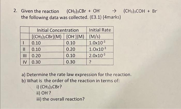 Solved 2. Given the reaction (CH3)3CBr+OH−→(CH3)3COH+Br the | Chegg.com