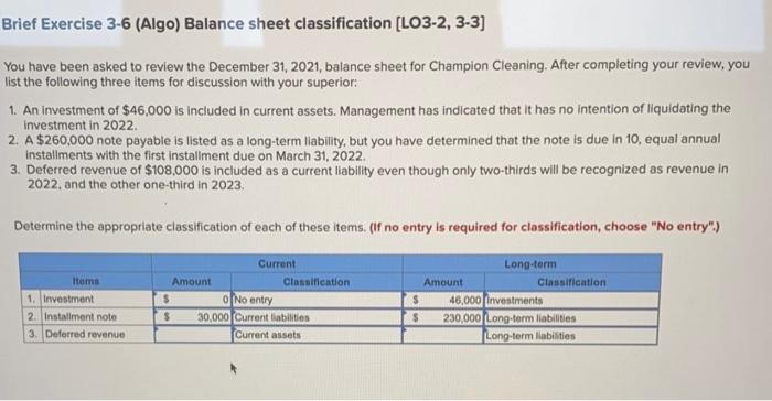 Solved Brief Exercise 3-6 (Algo) Balance sheet | Chegg.com