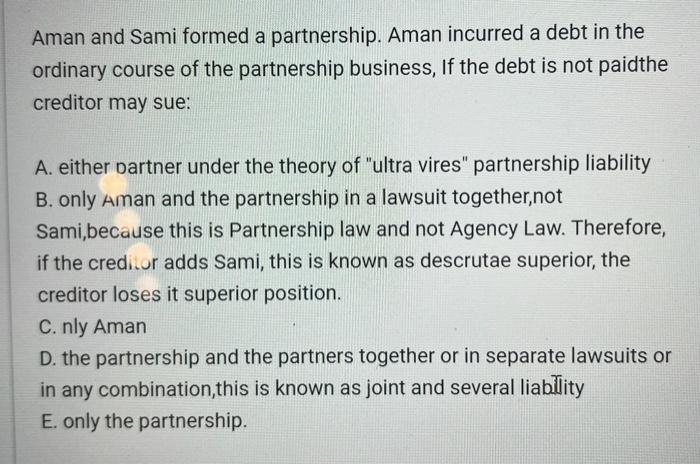 Solved Aman and Sami formed a partnership. Aman incurred a | Chegg.com