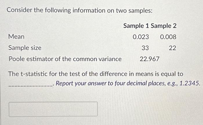 Solved Consider the following information on two samples: | Chegg.com