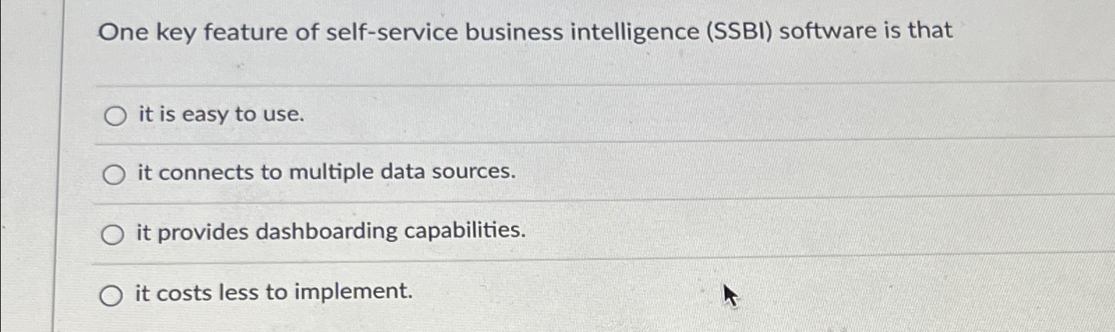 One key feature of self-service business intelligence | Chegg.com