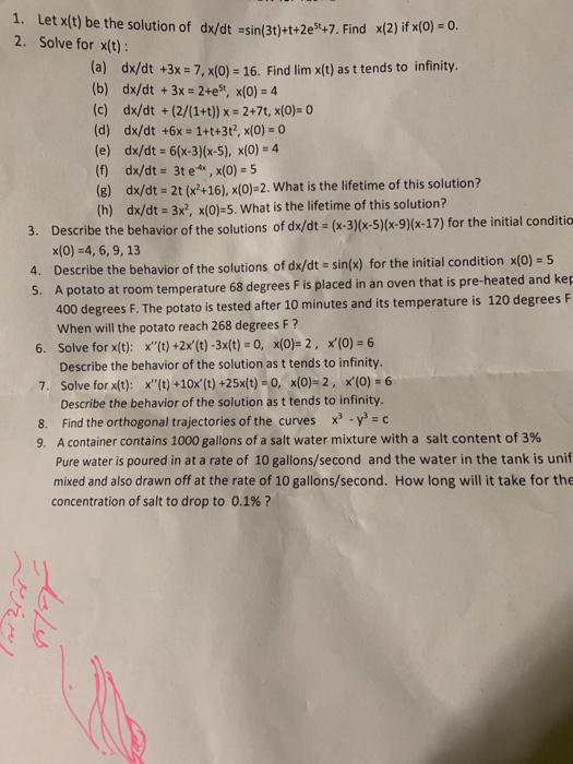 Solved 1. Let x(t) be the solution of dx/dt =sin(3t)+t+2e5 | Chegg.com