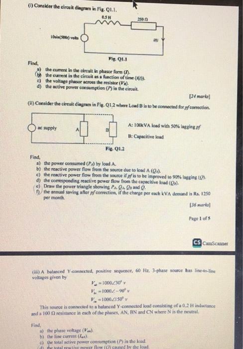 Solved (i) Consider the circeit diagran in Fig, Q1.1. Find, | Chegg.com