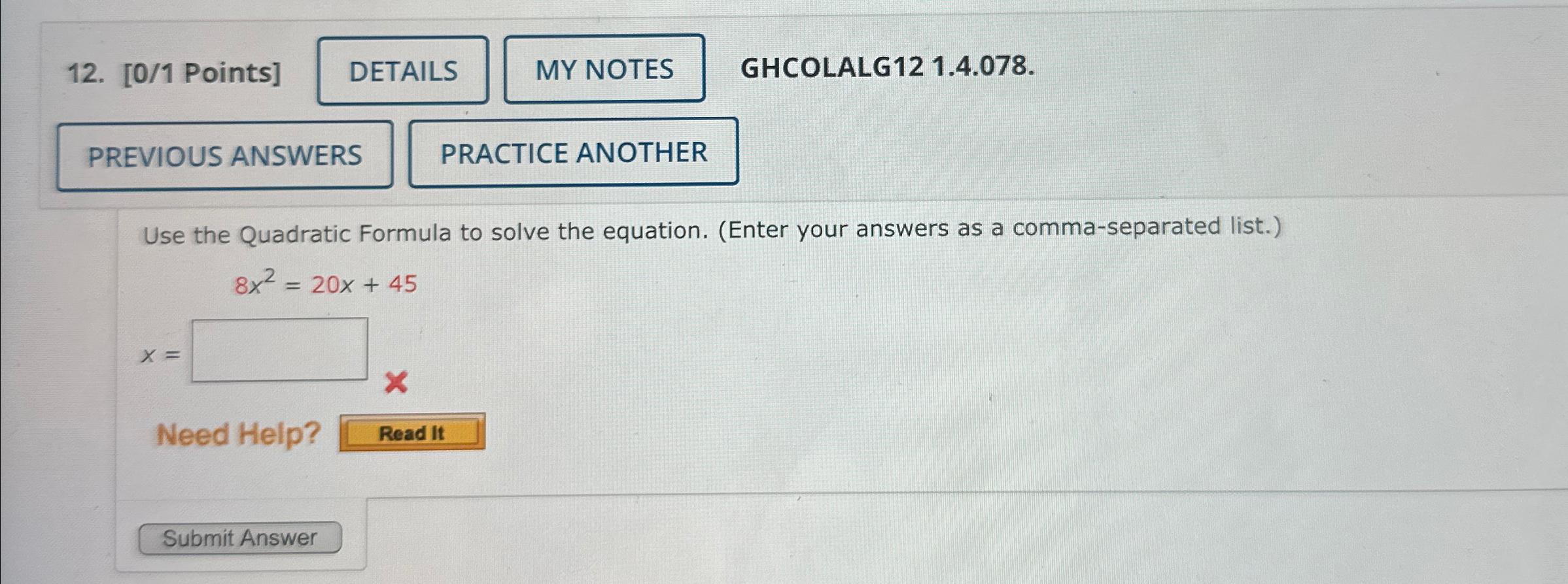 Solved [0/1 ﻿Points] ﻿GHCOLALG12 1.4.078.Use the Quadratic | Chegg.com
