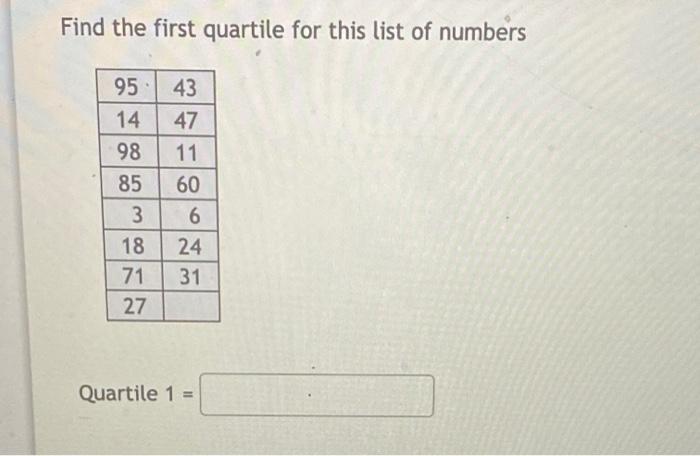 Solved Find the first quartile for this list of numbers 9543 | Chegg.com
