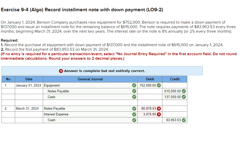 Solved Exercise 9-4 (Algo) ﻿Record installment note with | Chegg.com