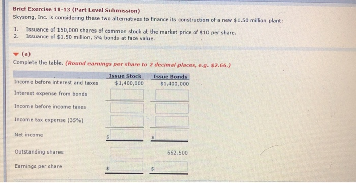 Solved Brief Exercise 11-13 (Part Level Submission) Skysong, | Chegg.com Solved Brief Exercise 11-13 (Part Level Submission) Skysong, | Chegg.com