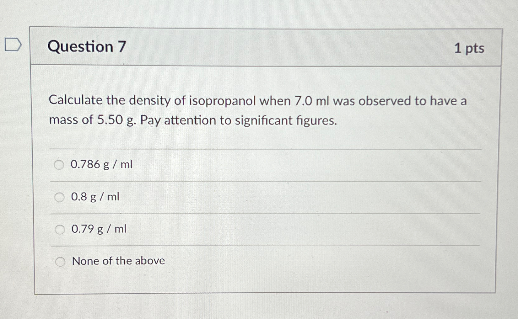Solved Question 71ptsCalculate the density of isopropanol | Chegg.com