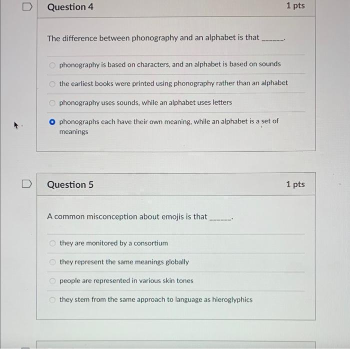 Solved Question 4 1 pts The difference between phonography | Chegg.com