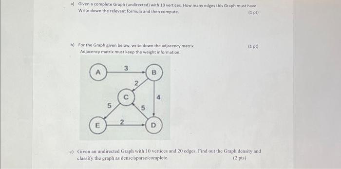 Solved a) Given a complete Graph (undirected) with 10 | Chegg.com