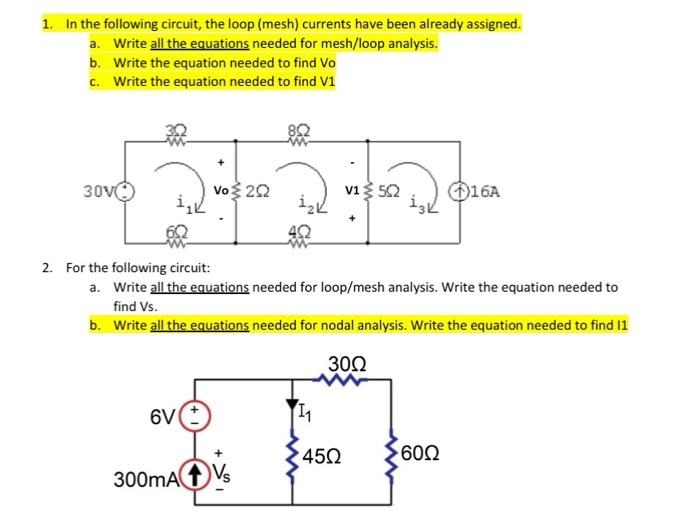 Solved 1. In the following circuit, the loop (mesh) currents | Chegg.com
