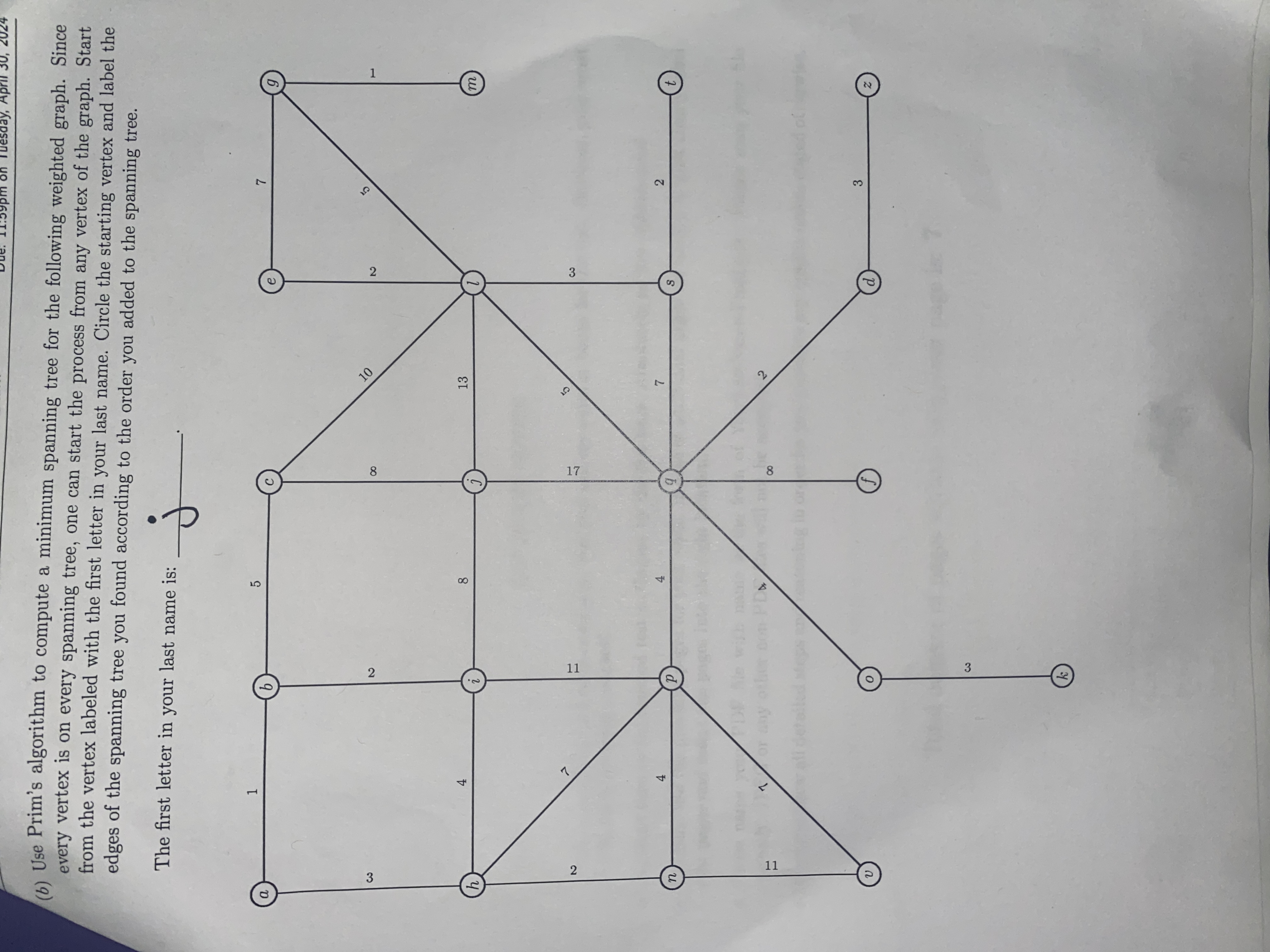 Solved (b) ﻿Use Prim's algorithm to compute a minimum | Chegg.com