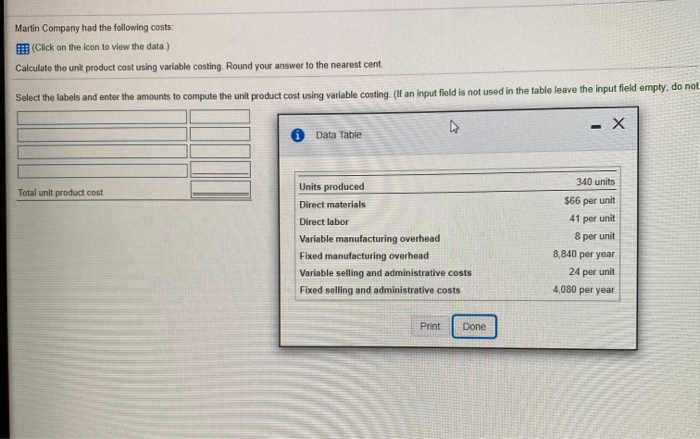 Solved Martin Company had the following costs: (Click on the | Chegg.com