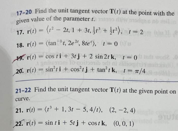 Solved 17-20 Find the unit tangent vector T(t) at the point | Chegg.com