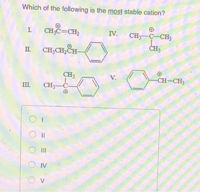 Solved Which of the following is the most stable cation? CH | Chegg.com