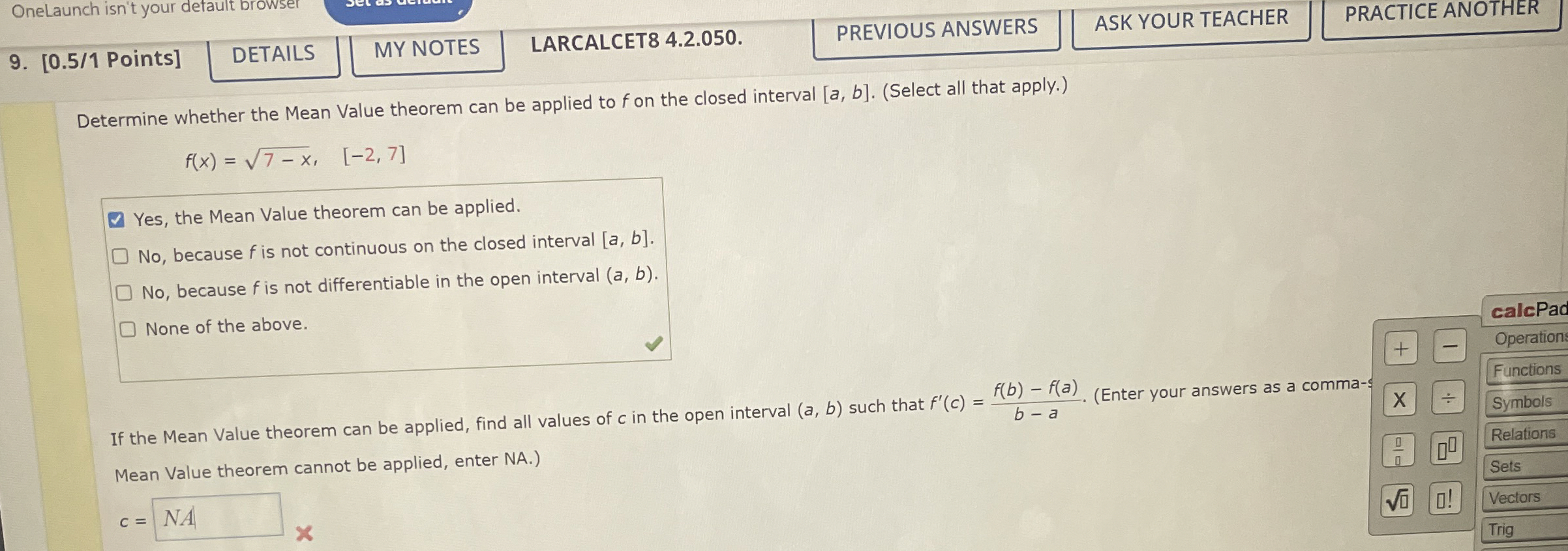Solved [0.5/1 ﻿Points]Determine whether the Mean Value | Chegg.com