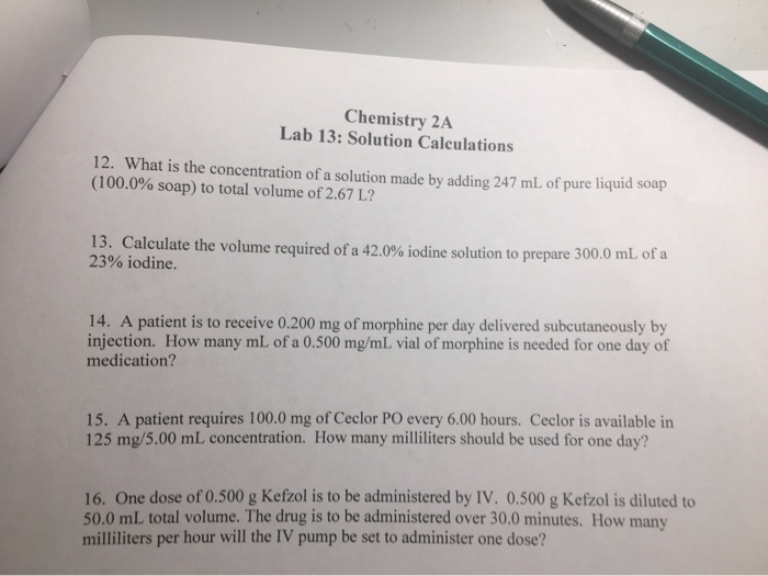 Solved Chemistry 2A Lab 13: Solution Calculations 12. What | Chegg.com