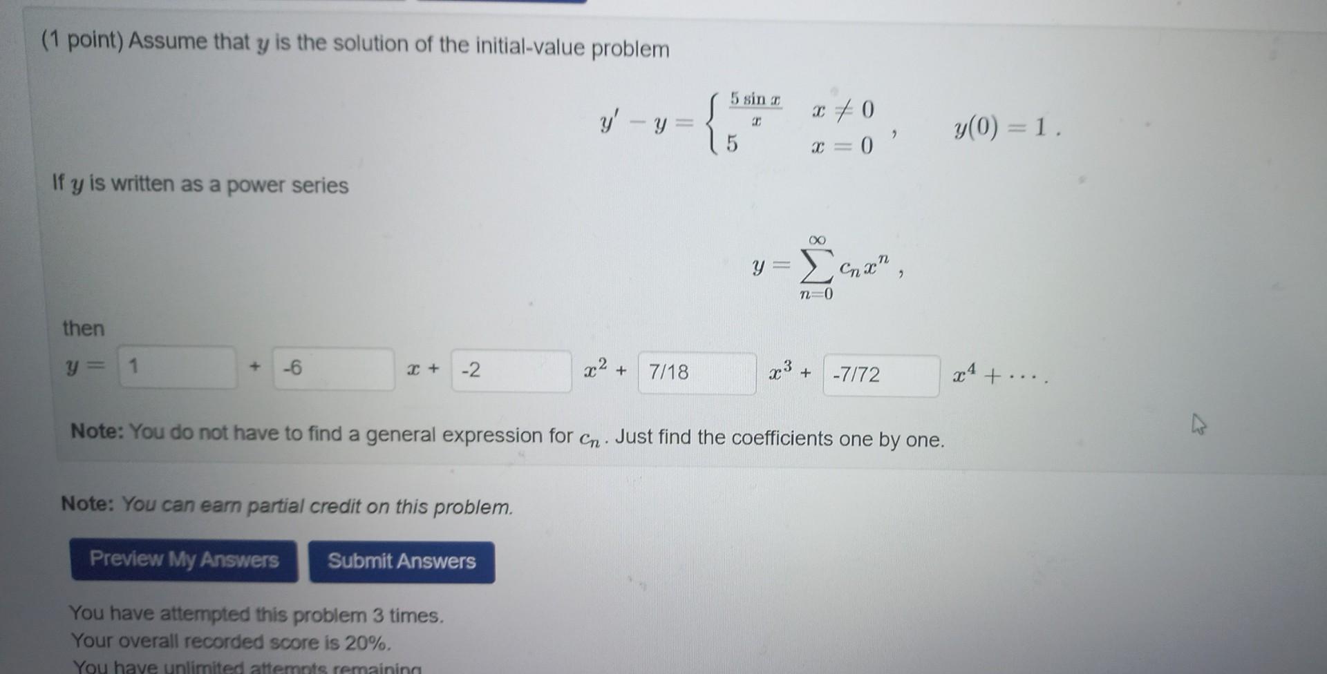 Solved (1 point) Assume that y is the solution of the | Chegg.com