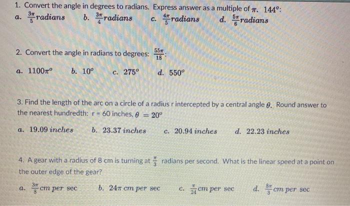 Solved 1. Convert the angle in degrees to radians. Express | Chegg.com