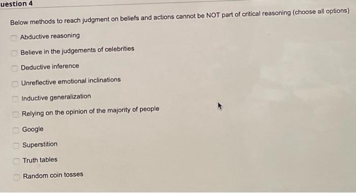 Below methods to reach judgment on beliefs and | Chegg.com