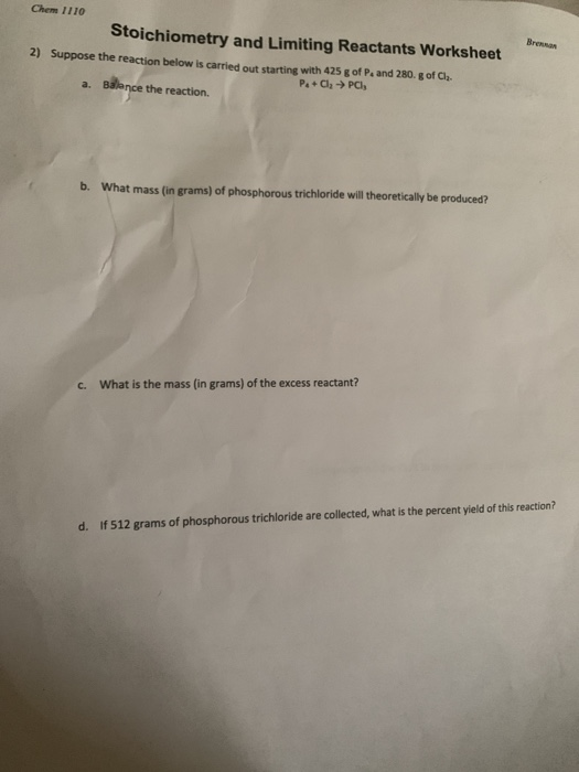 Solved Chem 1110 Stoichiometry and Limiting Reactants | Chegg.com
