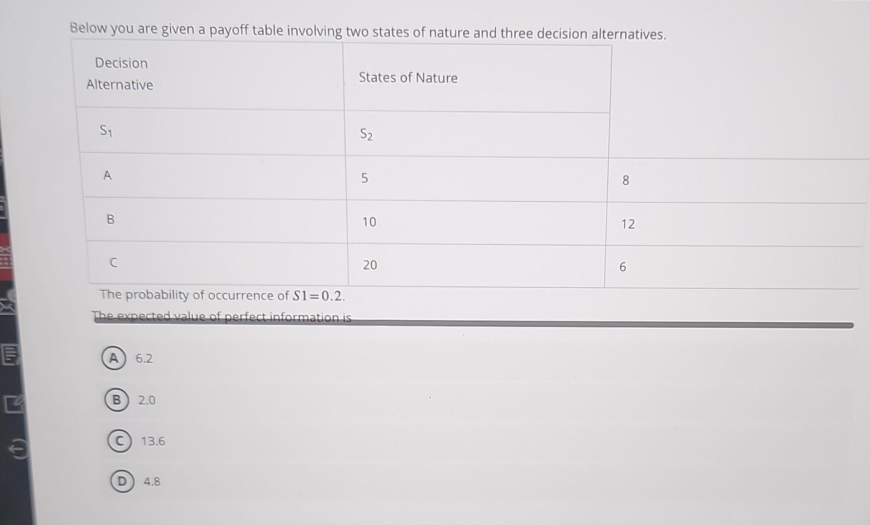 Solved Below you are given a payoff table involving two | Chegg.com