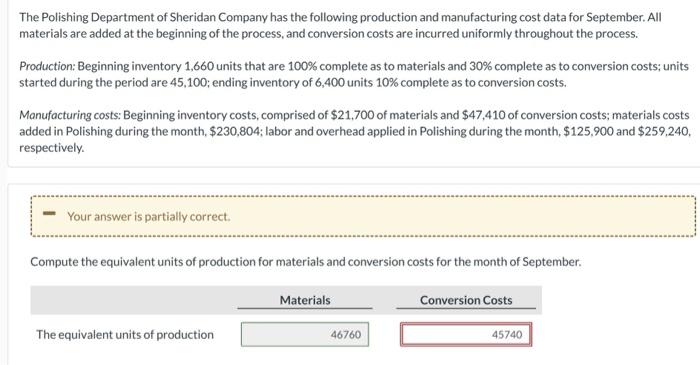 Solved The Polishing Department of Sheridan Company has the | Chegg.com