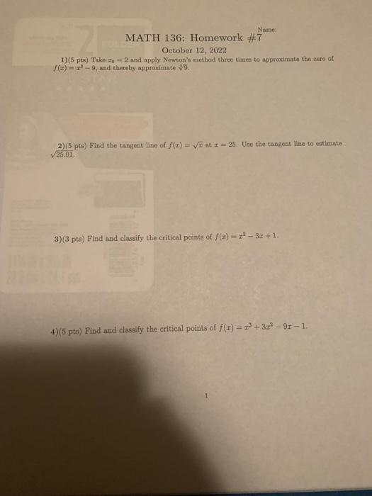 Solved 1) (5 pts ) Take z0−2 and apply Newton's method three | Chegg.com