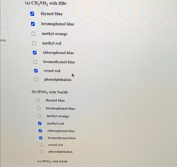Solved (a) CH3NH2 with HBO thymol blue bromophenol blue | Chegg.com