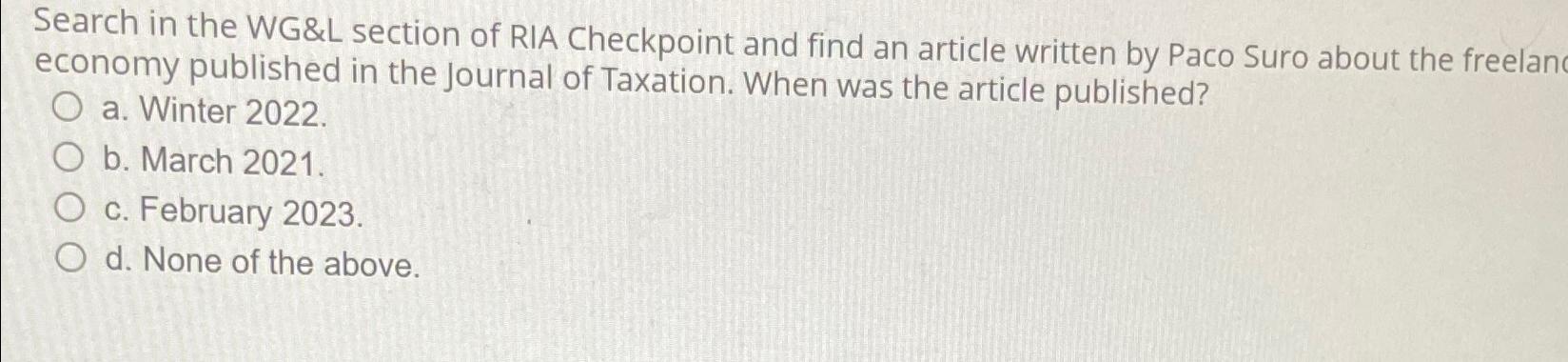 Solved Search in the WG&L section of RIA Checkpoint and find | Chegg.com