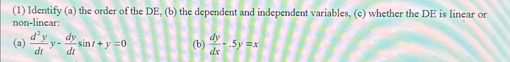 Solved (1) ﻿Identify (a) ﻿the order of the DE, (b) ﻿the | Chegg.com