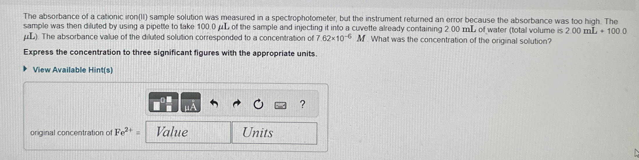 Solved The absorbance of a cationic iron(II) ﻿sample | Chegg.com