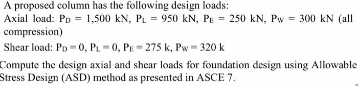 Solved A proposed column has the following design loads: | Chegg.com