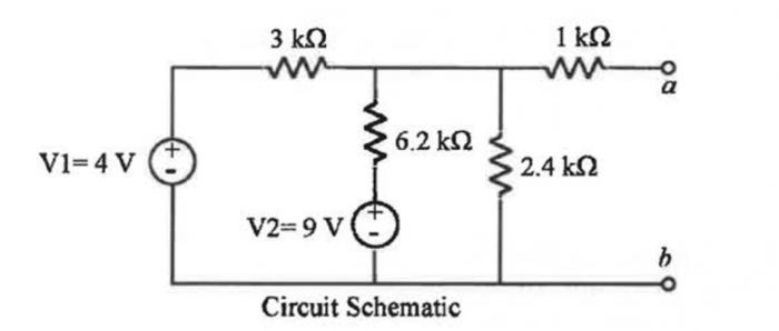 Solved 3 ΚΩ 1 ΚΩ 6.2 kΩ V1= 4V = 2.4 kΩ V2=9v6 9V b Circuit | Chegg.com
